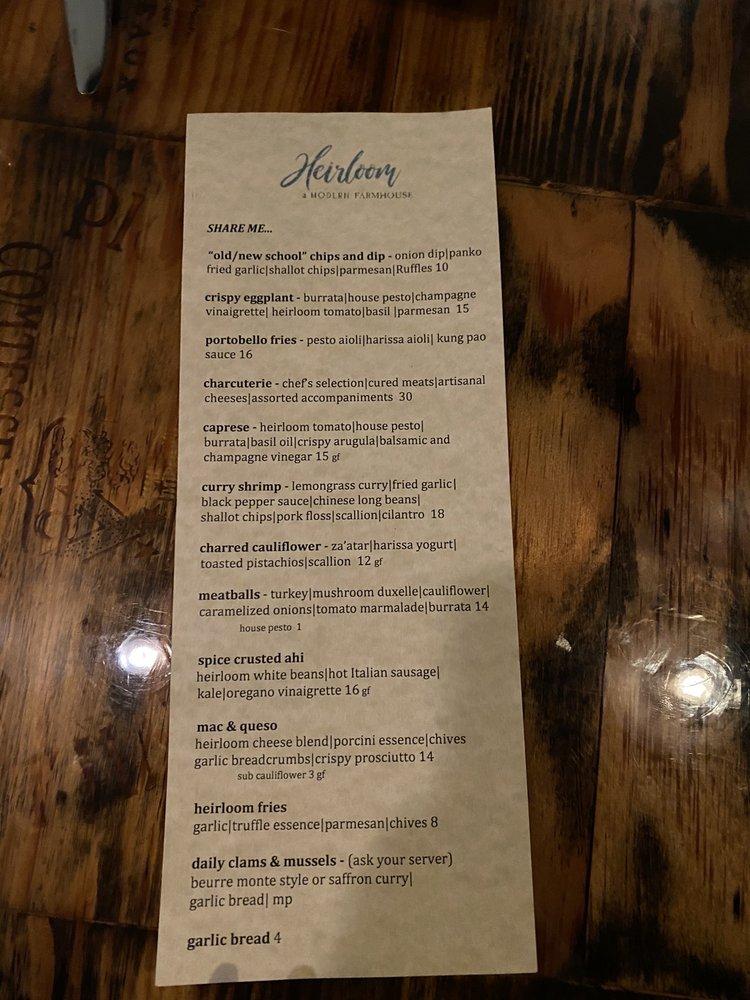 Menu at Heirloom a Modern Farmhouse pub & bar, Huntington Beach