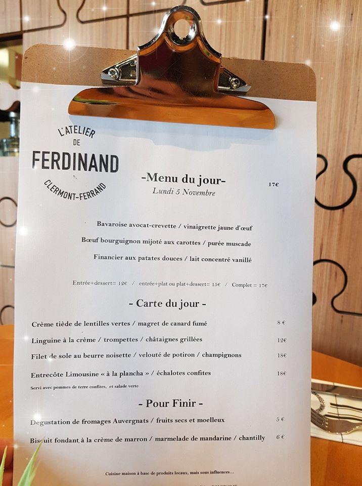 Menu at L'Atelier de Ferdinand restaurant, Clermont-Ferrand