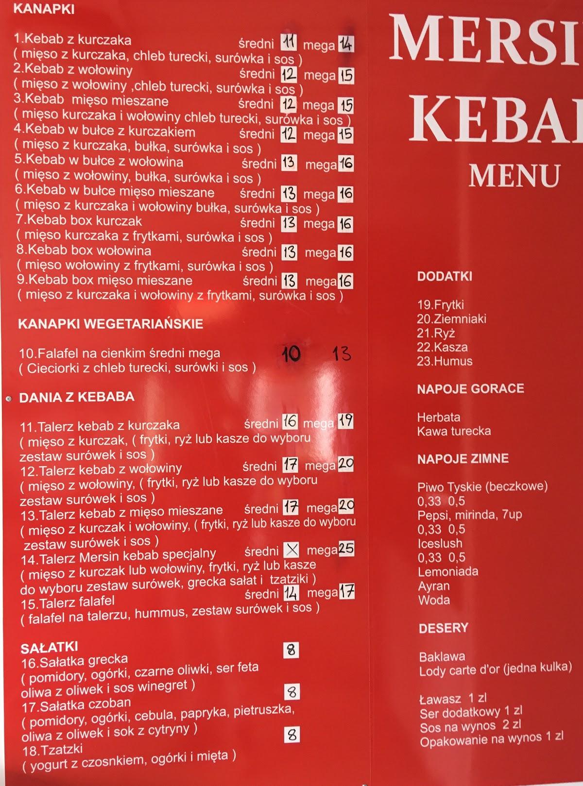 Menu at Mersin Kebab restaurant, Warsaw
