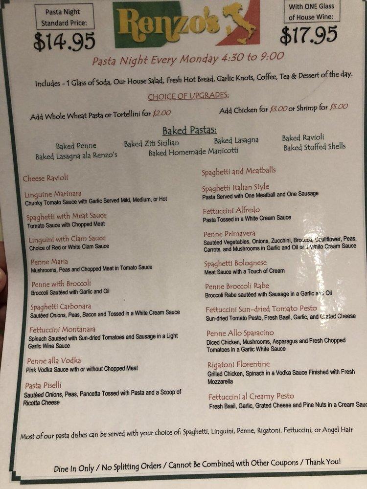 Menu at Renzo's pizzeria, Mount Sinai