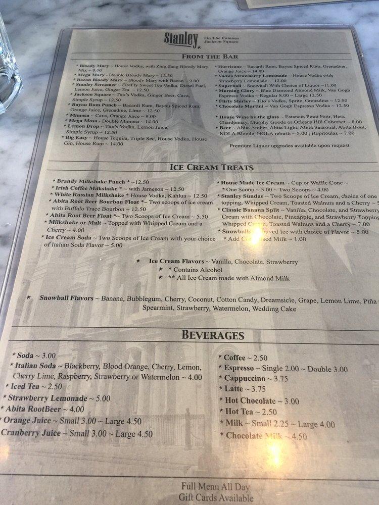 Menu at Stanley of New Orleans restaurant, New Orleans