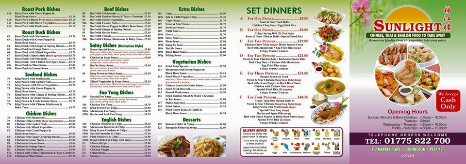 Menu at Sunlight Chinese Takeaway restaurant, Sutton Saint James