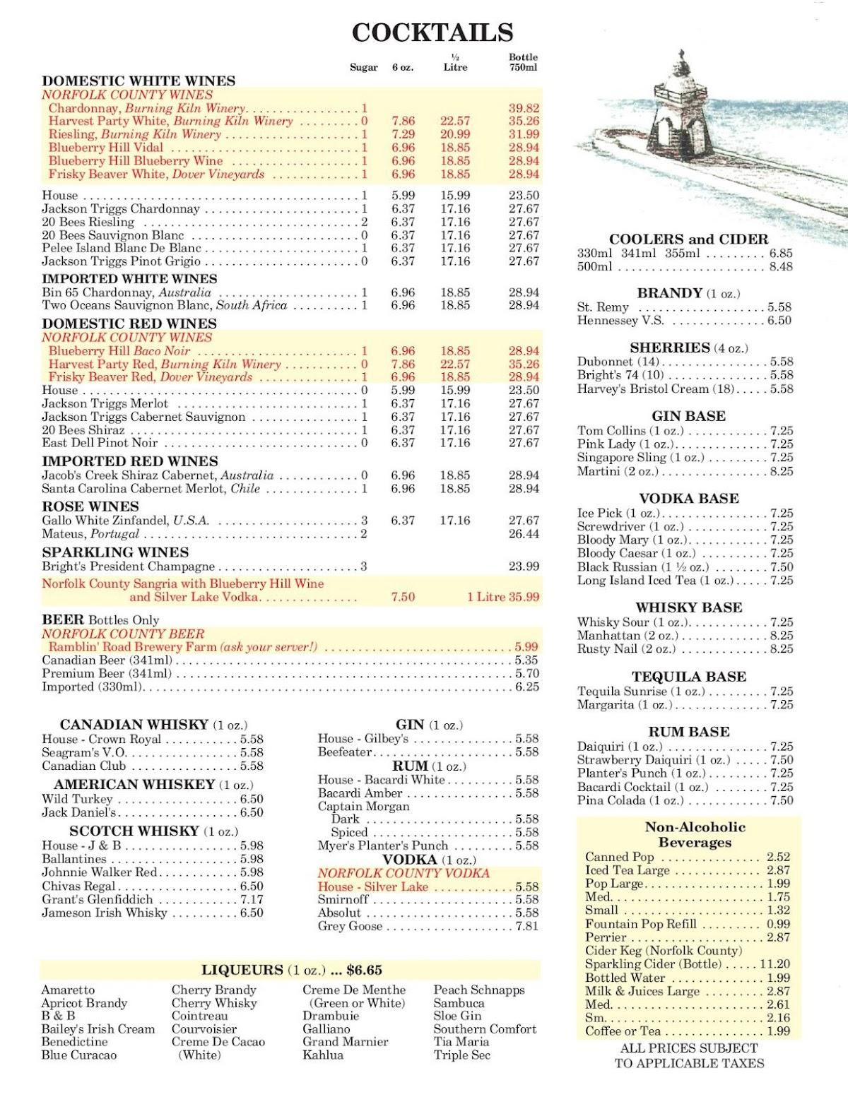 Menu at The Cove Room restaurant, Port Dover