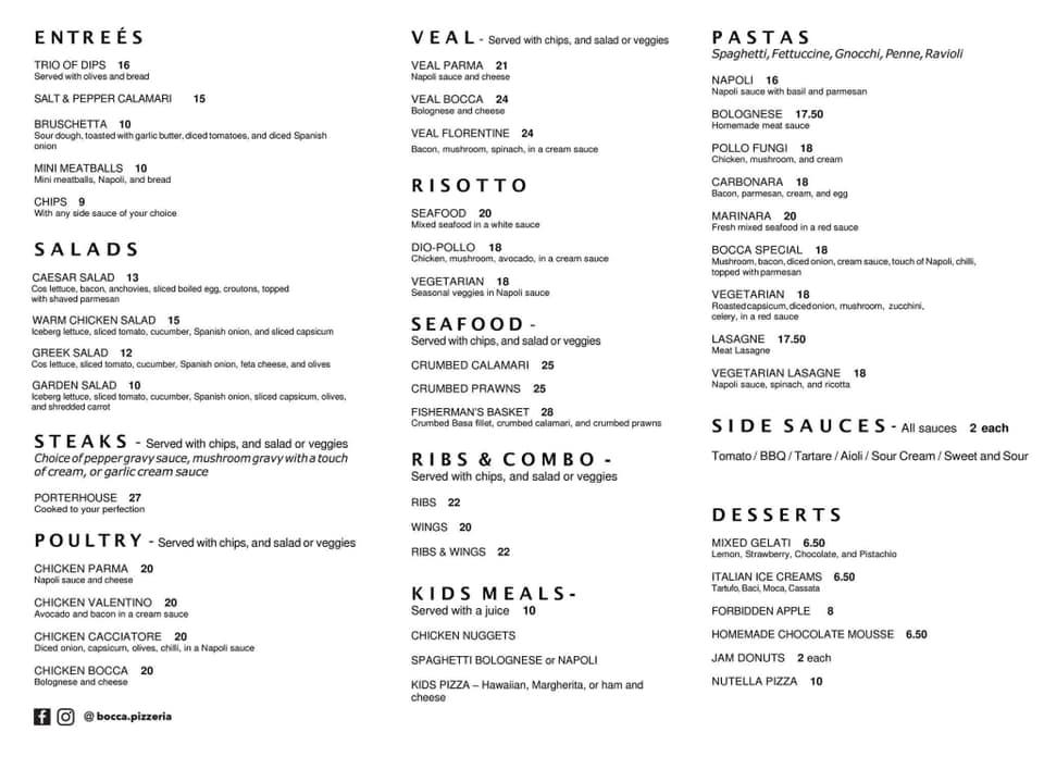 Menu at Bocca Family Pizza Restaurant - Best Pizzeria Restaurant ...