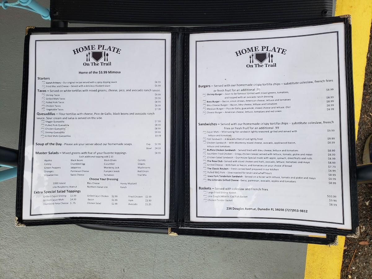 Menu at Home Plate on the Trail Restaurant, Dunedin