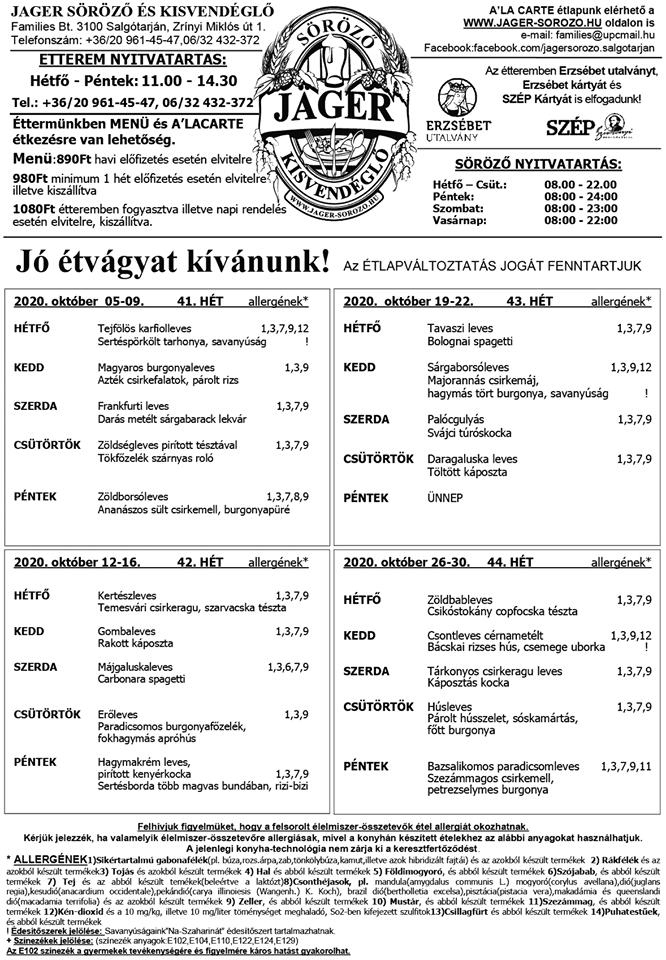 Menu at Jager söröző és kisvendéglő restaurant, Salgótarján