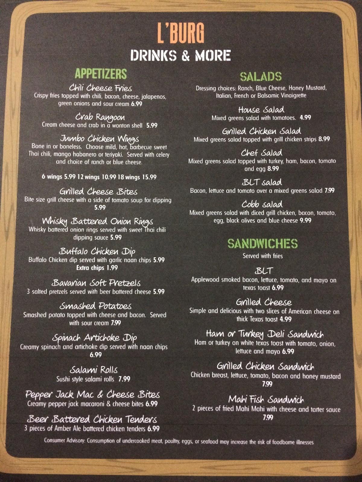 Menu at L'Burg Drinks & More pub & bar, Lawrenceburg