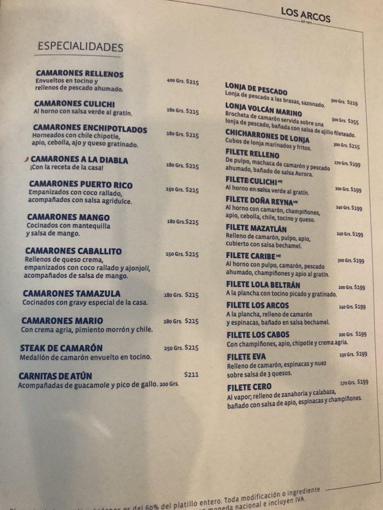 Carta del restaurante Los Arcos, Mexicali