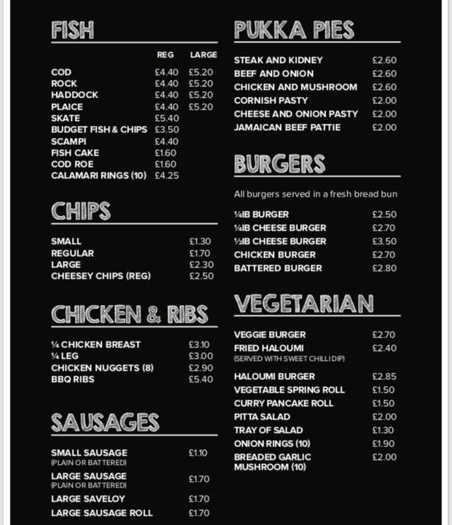 Menu at M & A Fish Bar, Clacton-on-Sea, M & A Fish Bar