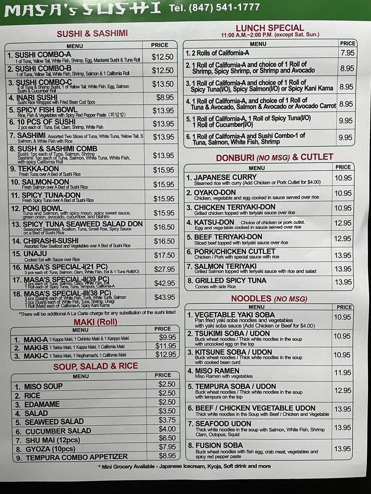 Menu at Masa's Sushi restaurant, Buffalo Grove