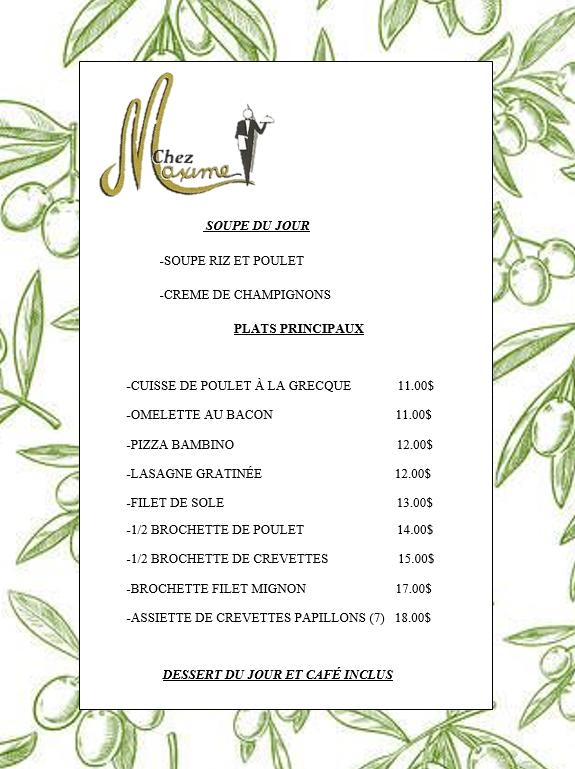 Menu at Restaurant Maxime, Victoriaville