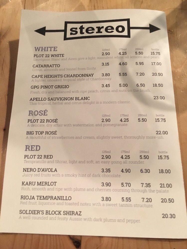 Menu at Stereo pub & bar, Glasgow