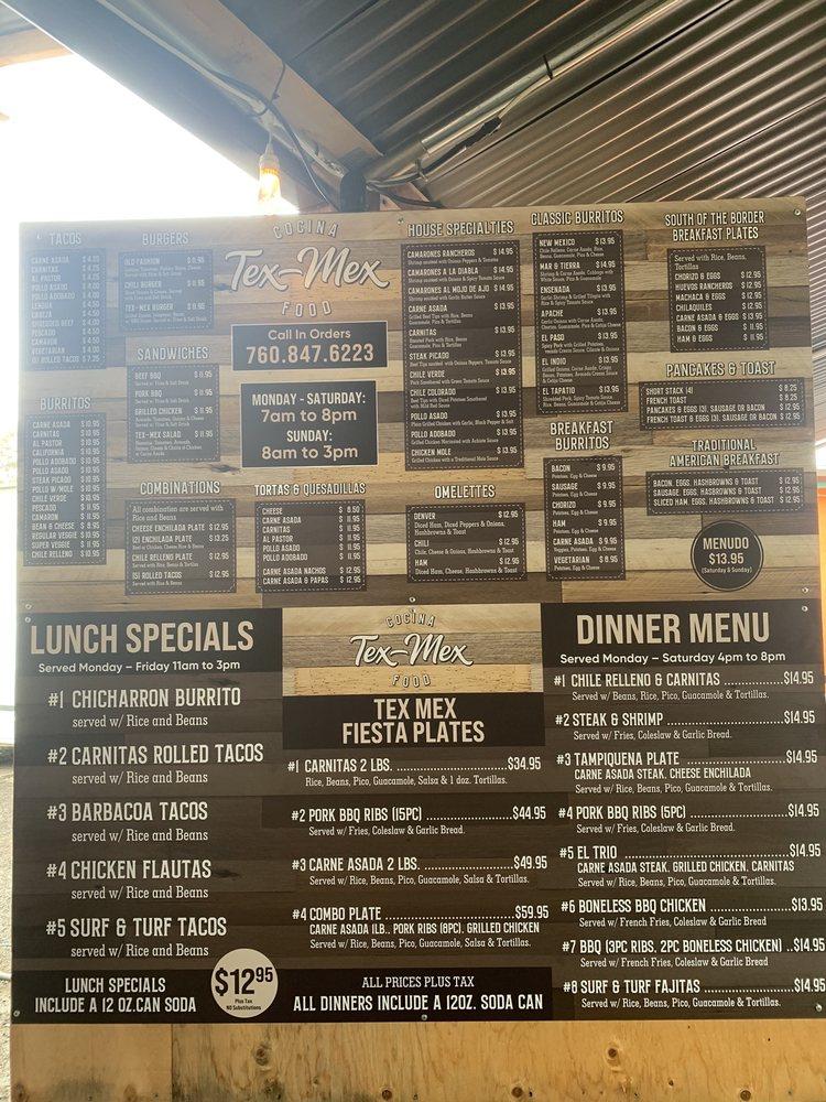 Menu at Tex Mex restaurant, Valley Center