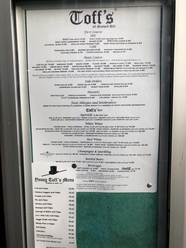 Menu at Toff’s of Muswell Hill restaurant, London