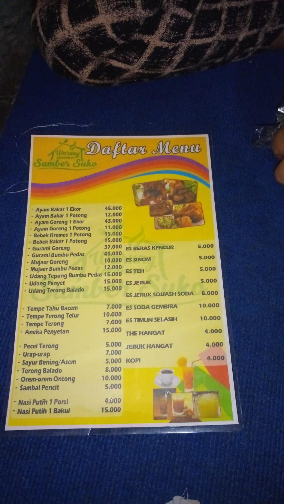 Menu at Warung Lesehan Sumber Suko restaurant, Gunung Gangsir