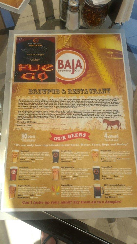Menu at Baja Brewing pub & bar, Cabo San Lucas, Cabo Villas Resort