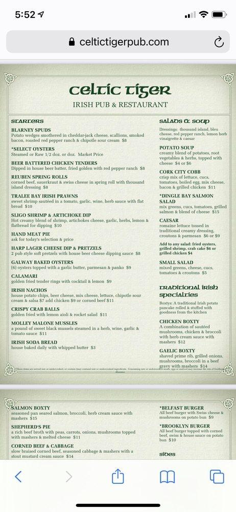 Menu at CELTIC TIGER pub & bar, Chesapeake