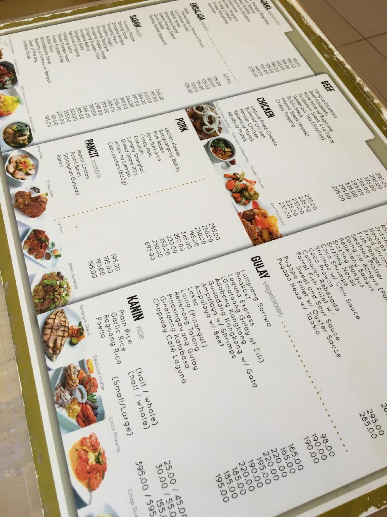 Menu at Café Laguna restaurant, Cebu City, SM City Cebu
