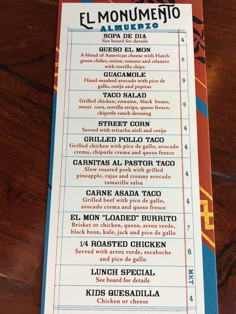 Menu at El Monumento pub & bar, Georgetown