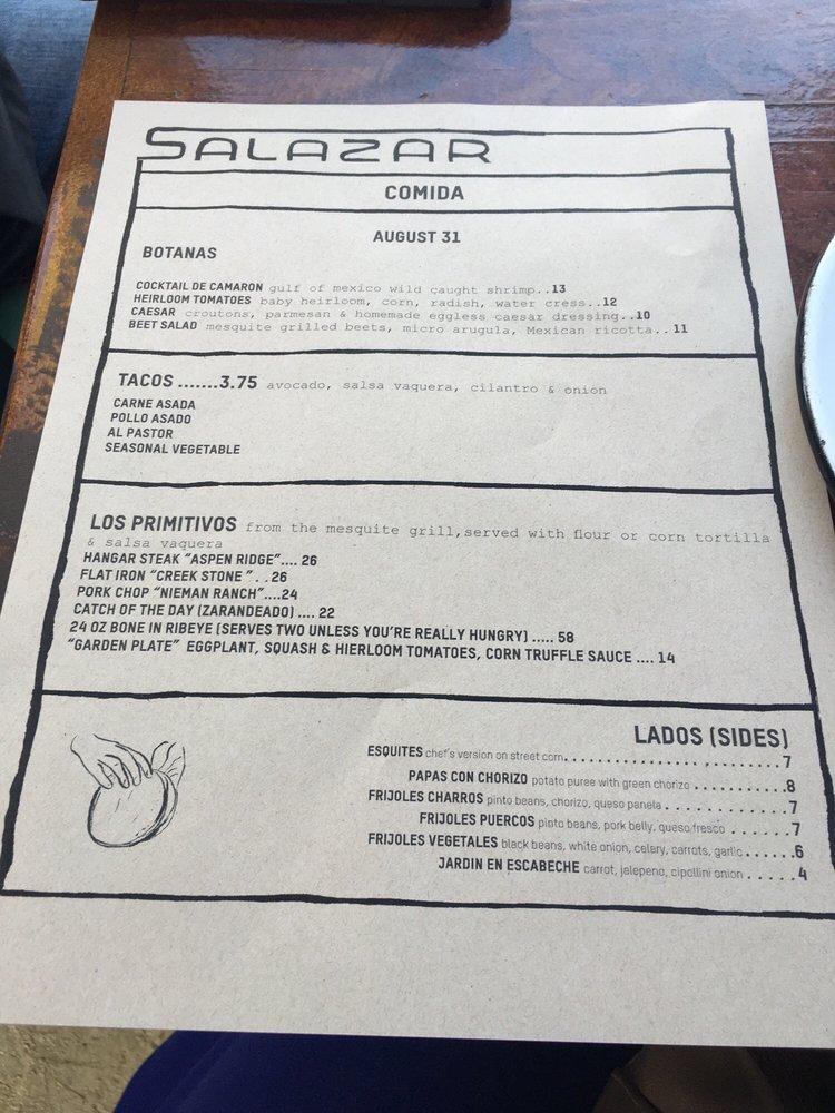 Menu at Salazar desserts, Los Angeles, Fletcher Dr