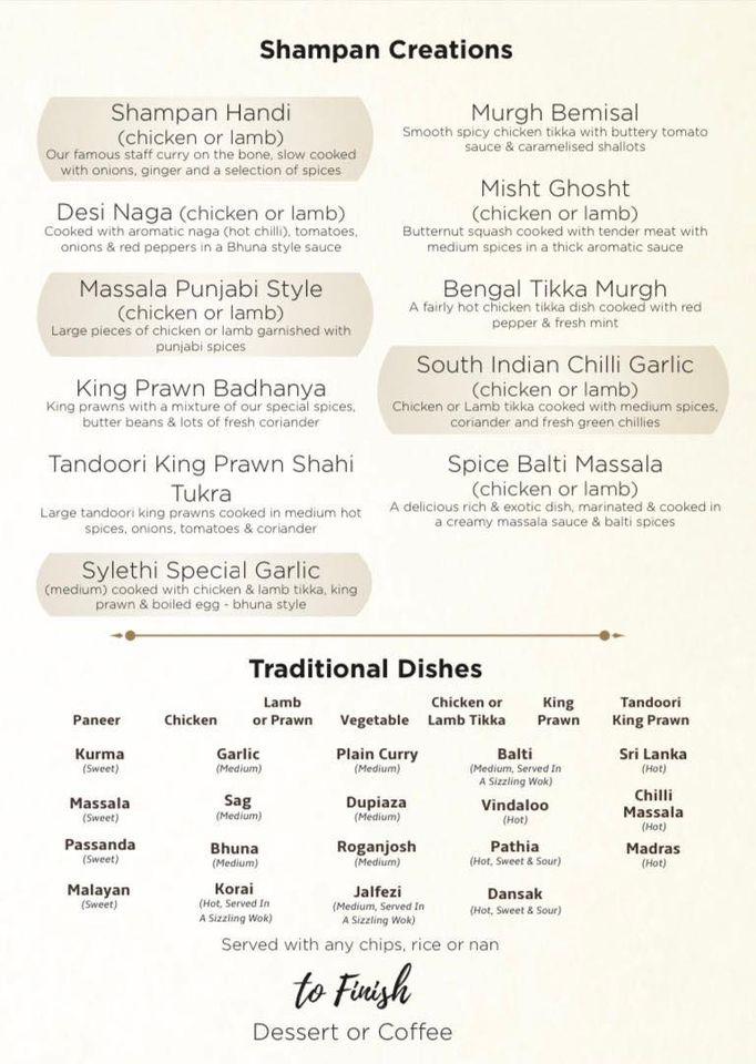 Menu at Shampan Restaurant, Whitley Bay