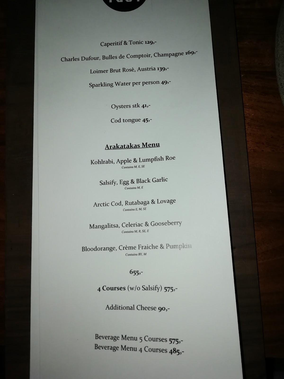 Menu at Arakataka restaurant, Oslo