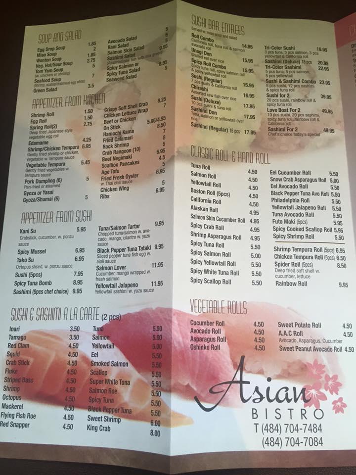 Menu at Asian Bistro restaurant, King of Prussia