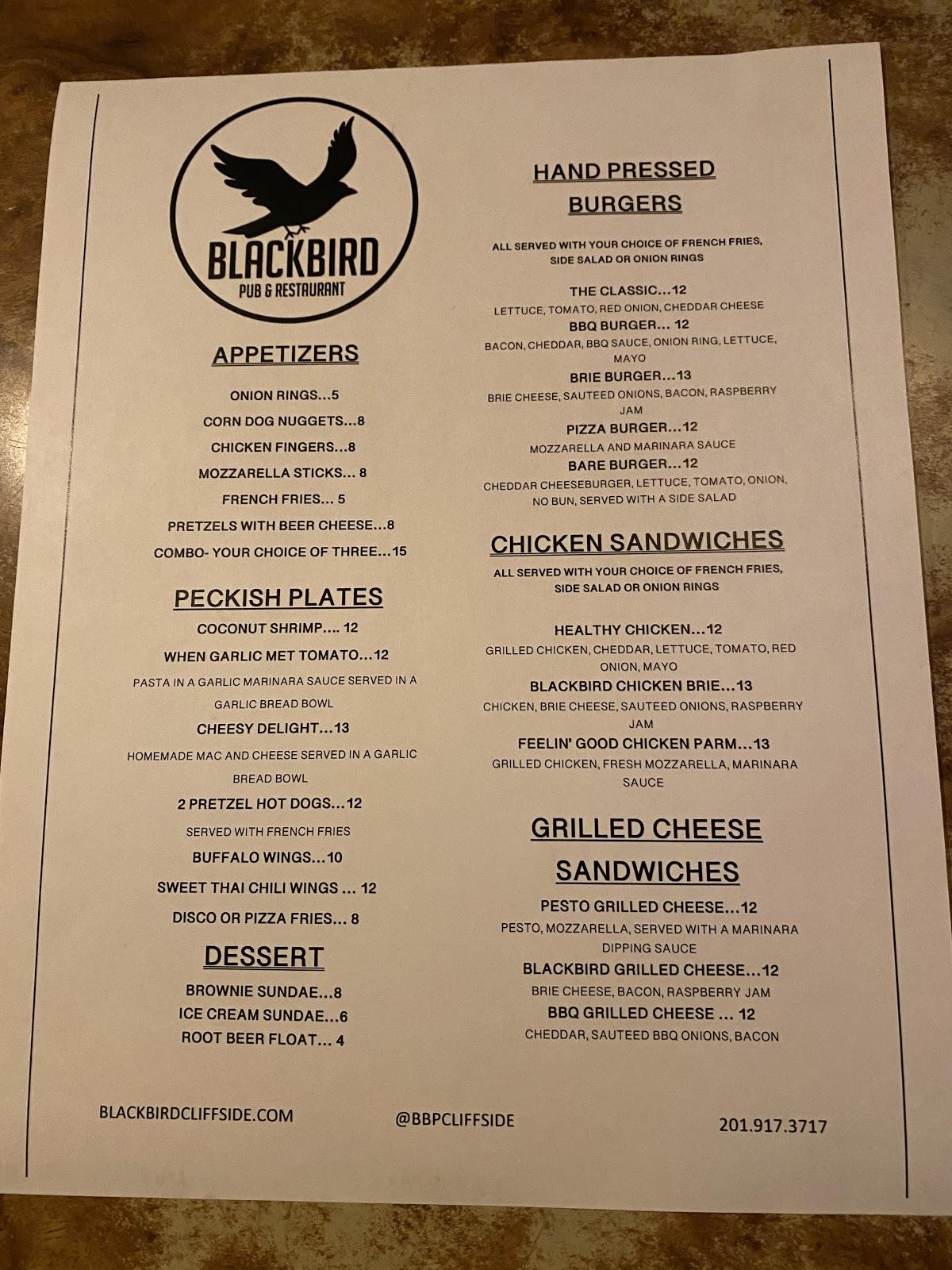 Menu at Blackbird Pub & Restaurant, Cliffside Park