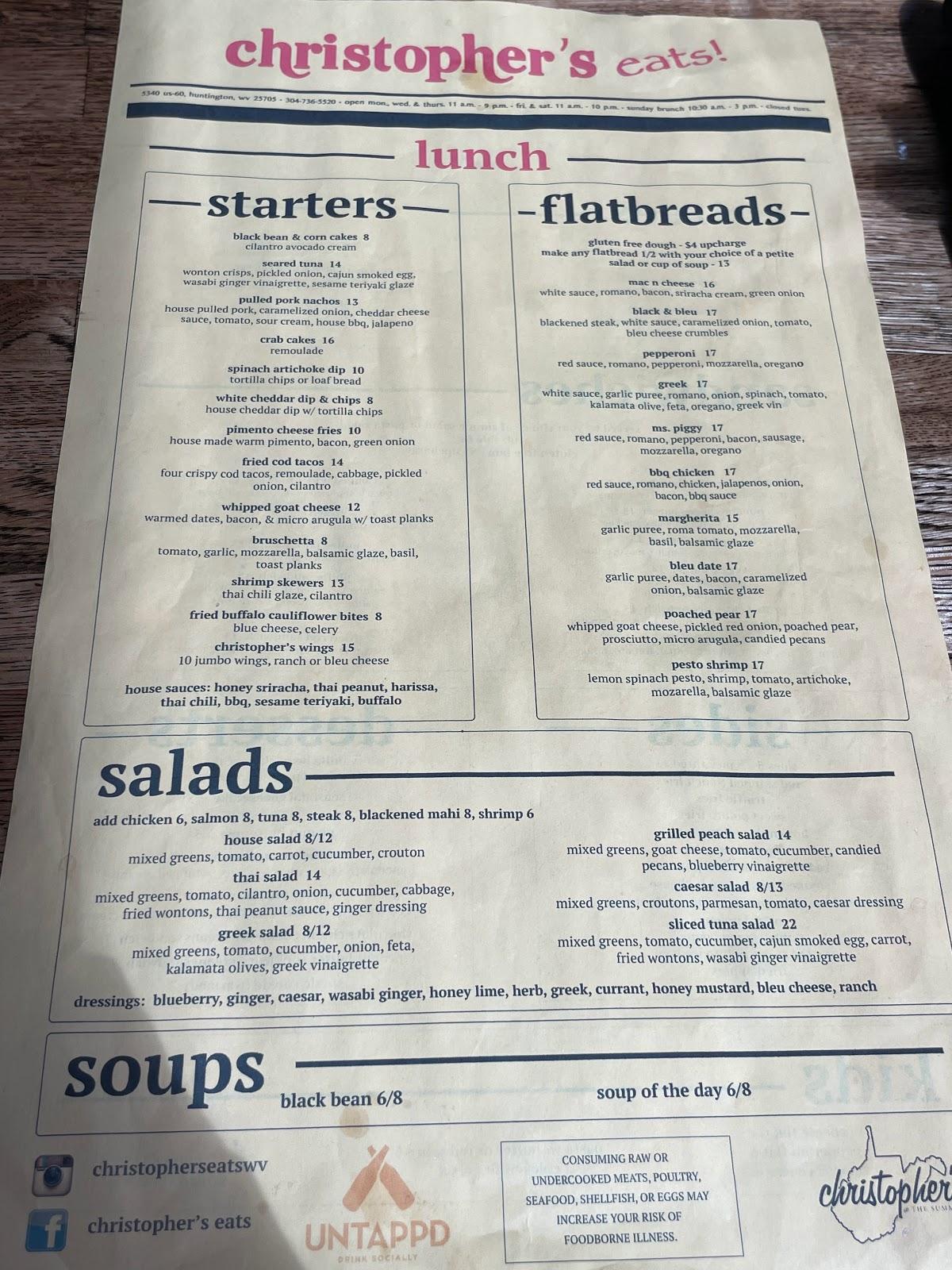Menu at Christopher's Eats pub & bar, Huntington, US-60