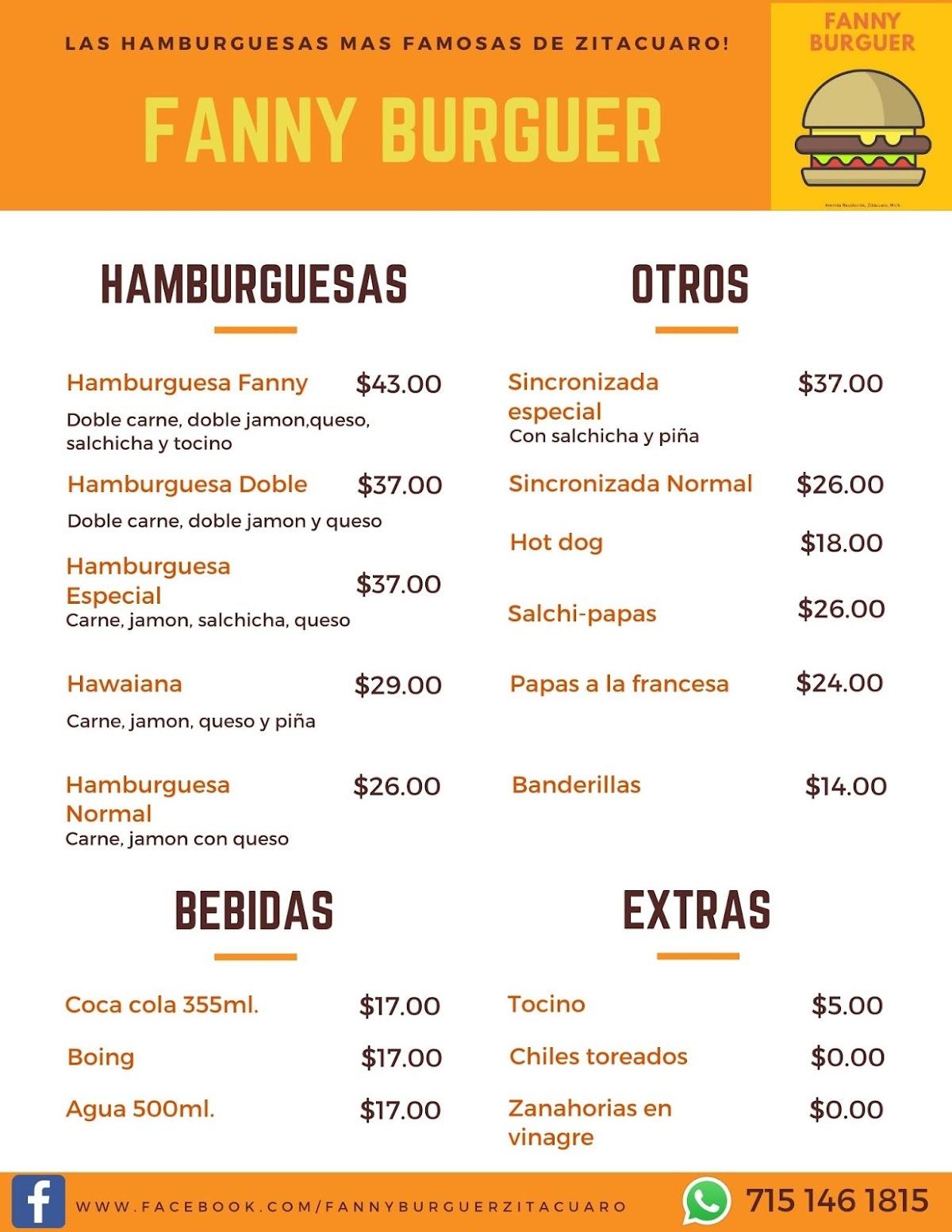 Menu at Fanny Burger restaurant, Zitácuaro, Av. Revolución Sur 204