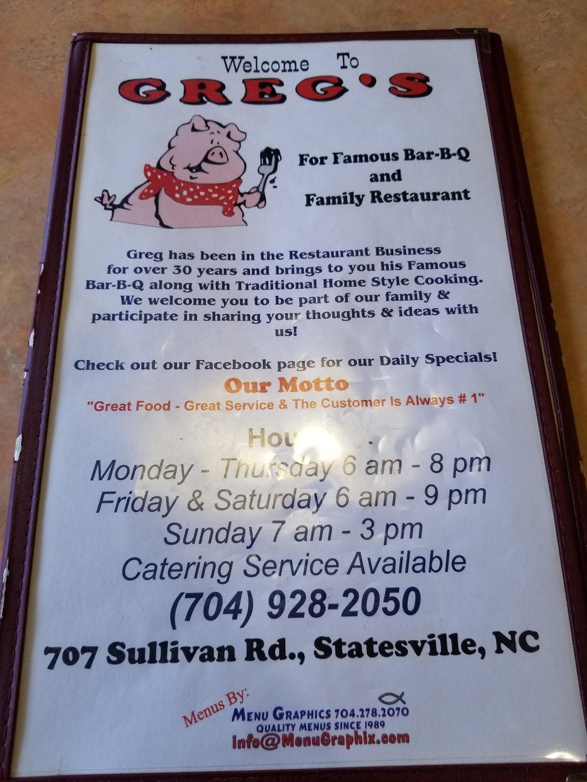 Menu at Greg's Famous Barbeque, Statesville