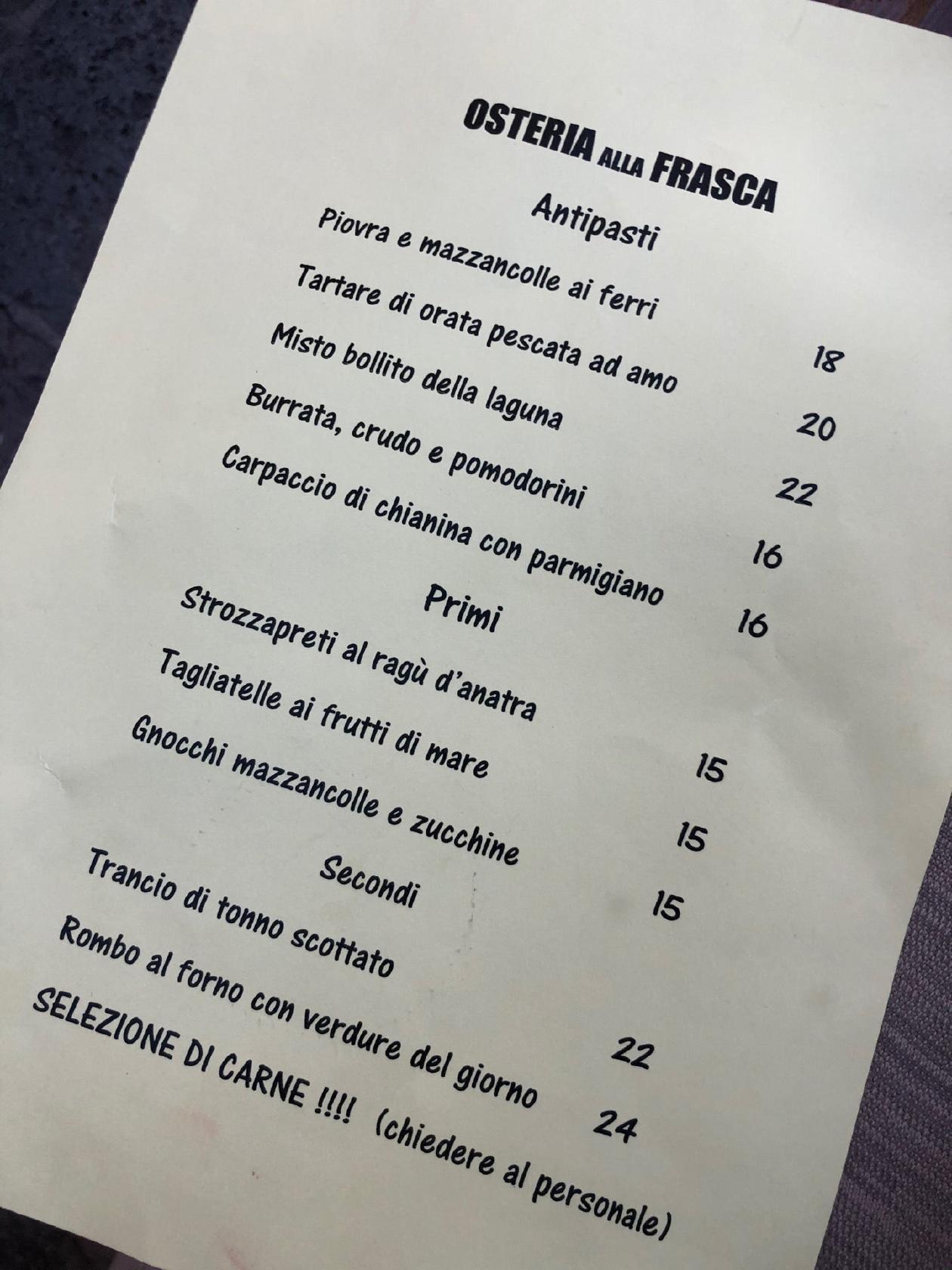 Menu at Osteria Alla Frasca restaurant, Venice, Corte de la Carità