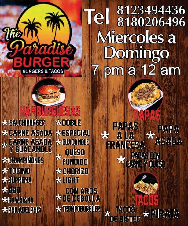 Carta del restaurante Paradise Burger, Apodaca