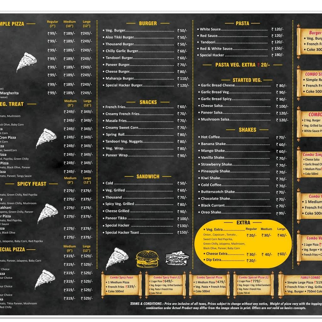 Menu at Pizza Hacker, Tohana