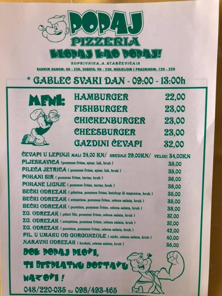 Menu da Pizzeria Popaj, Koprivnica