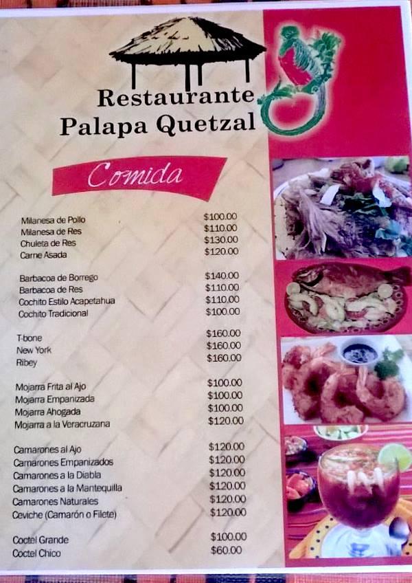 Menu at Restaurante palapa quetzal, Mexico