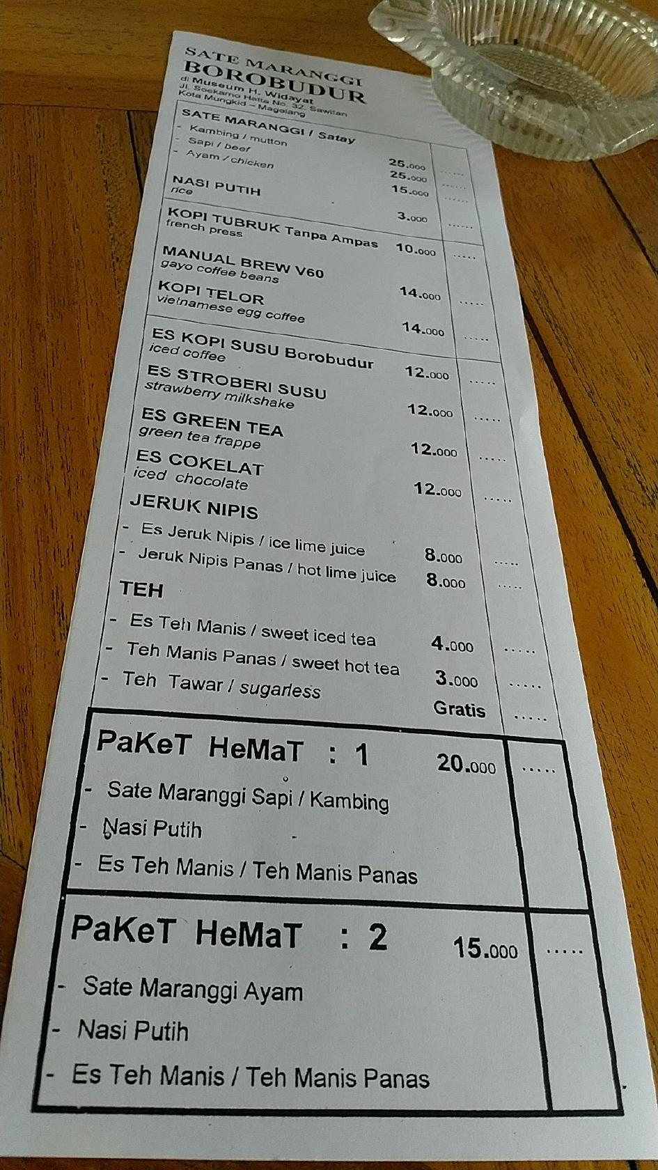 Menu at Sate Maranggi Borobudur restaurant, Indonesia