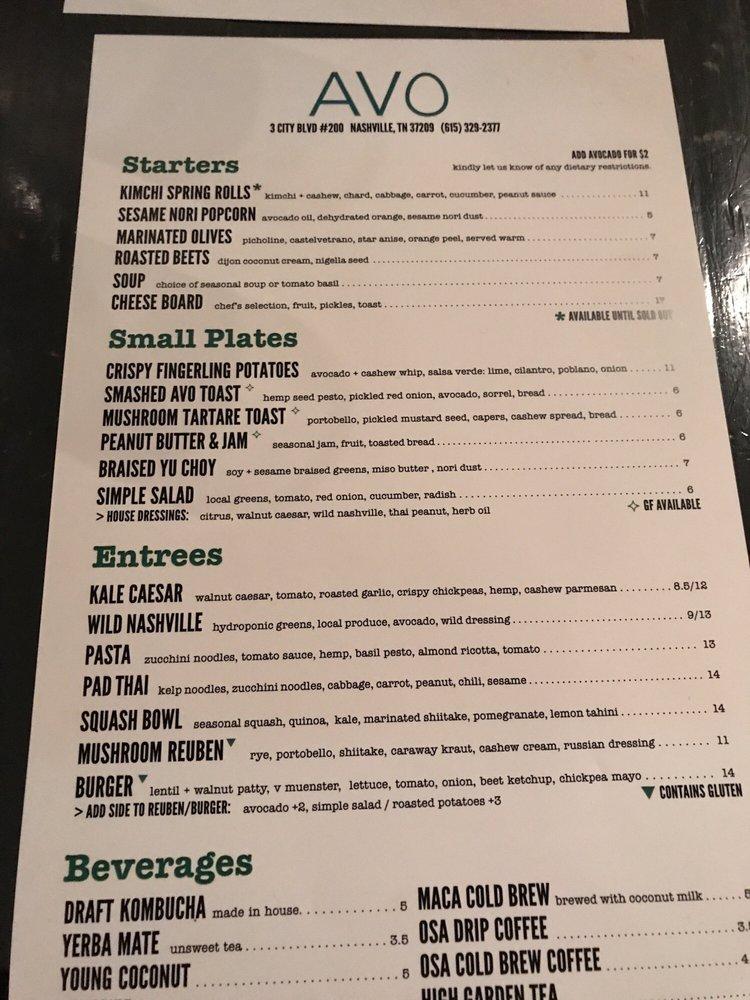Menu at AVO pub & bar, Nashville, 4 City Ave #104
