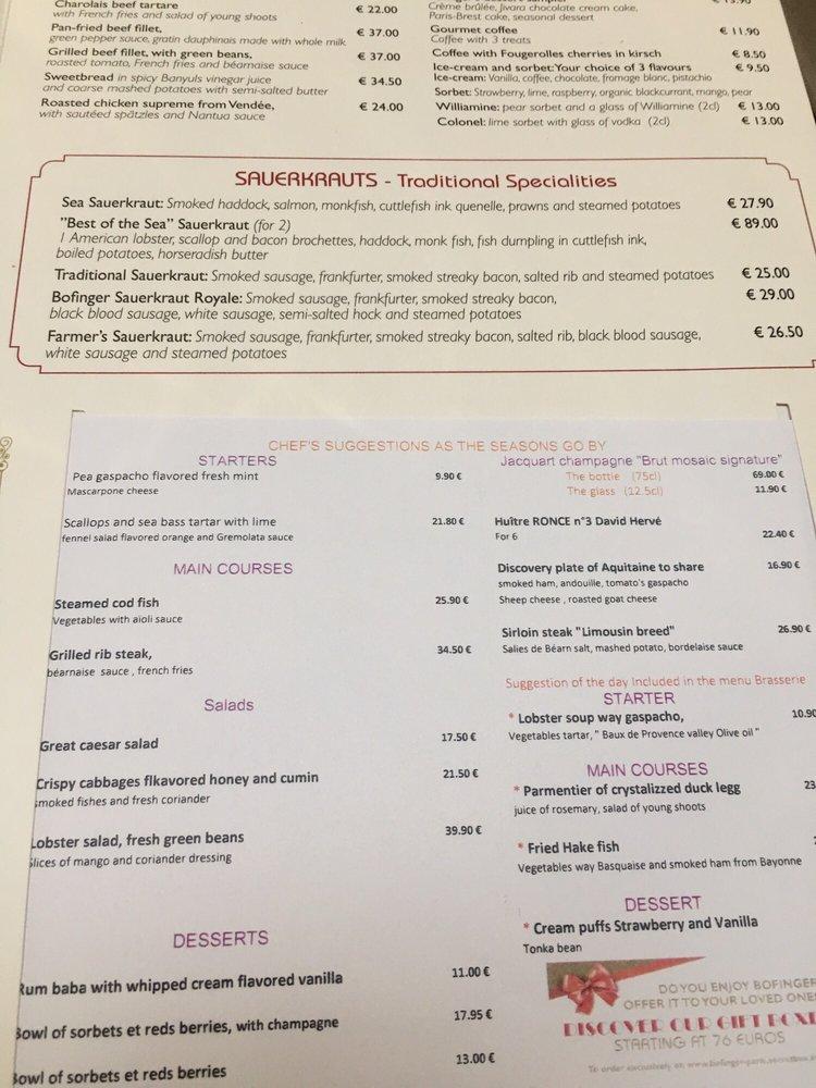 Menu au Bofinger restaurant, Paris, 5-7 Rue de la Bastille