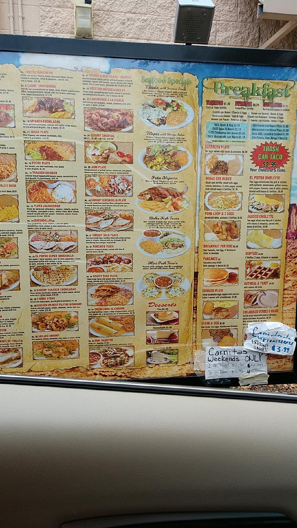 Menu at El potro mexican restaurant #2, Corpus Christi, Weber Rd