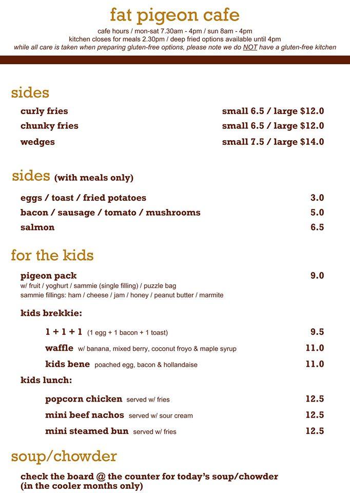 Menu at Fat Pigeon Cafe, Piopio