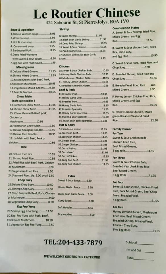 Menu at Le Routier Restaurant, St-Pierre-Jolys