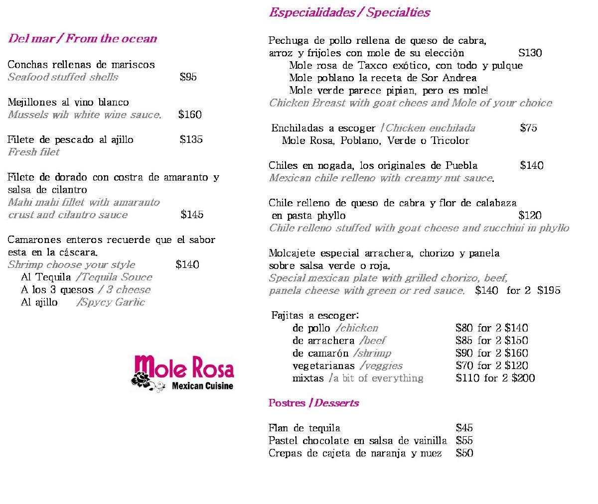 Menu at Mole Rosa Restaurante, Puerto Vallarta