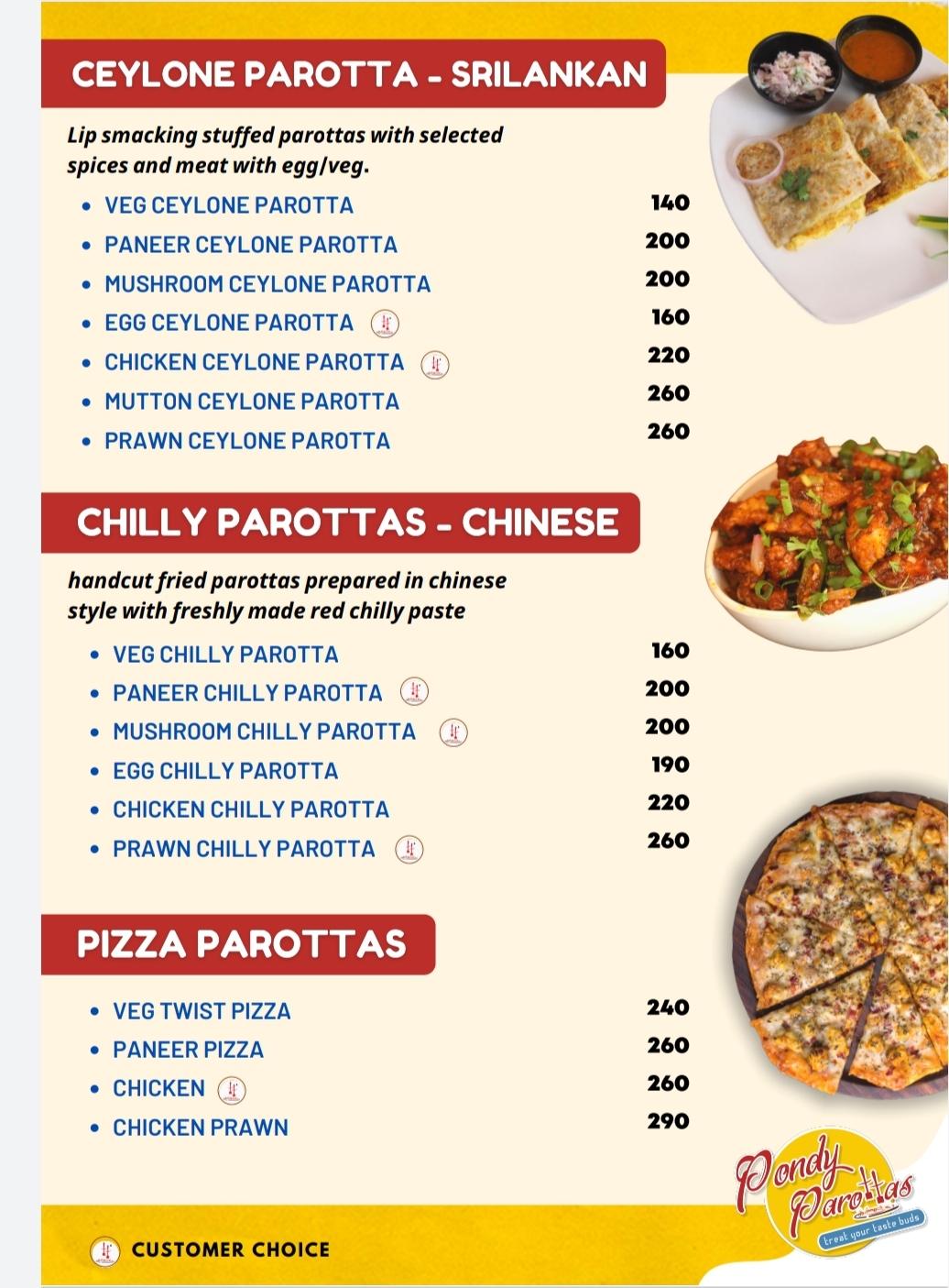 Menu at Pondy Parottas Manikonda, Hyderabad