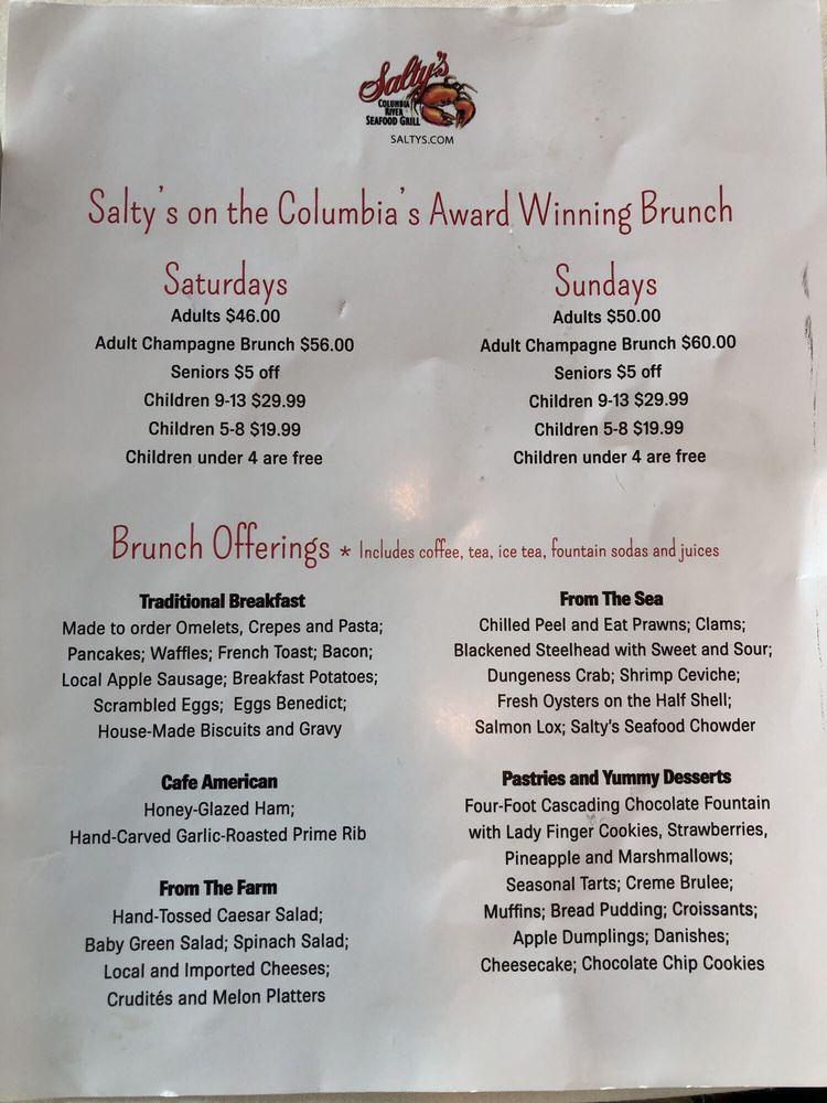 Menu at Salty's on the Columbia River restaurant, Portland