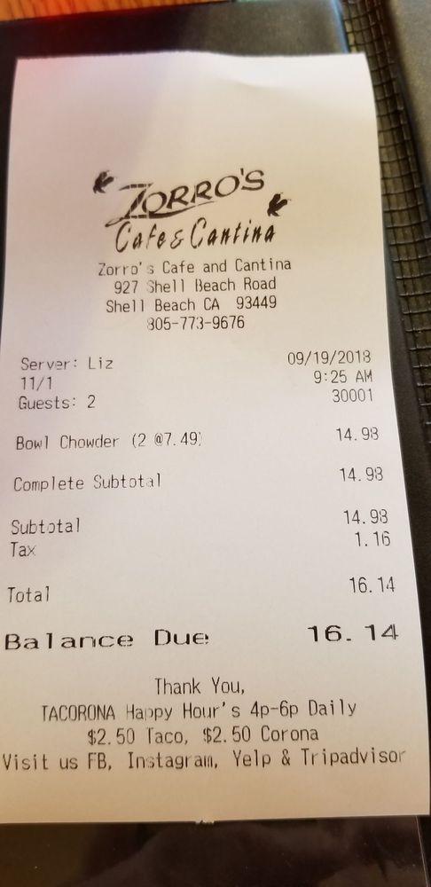 Menu at Zorro's Cafe & Cantina, Pismo Beach