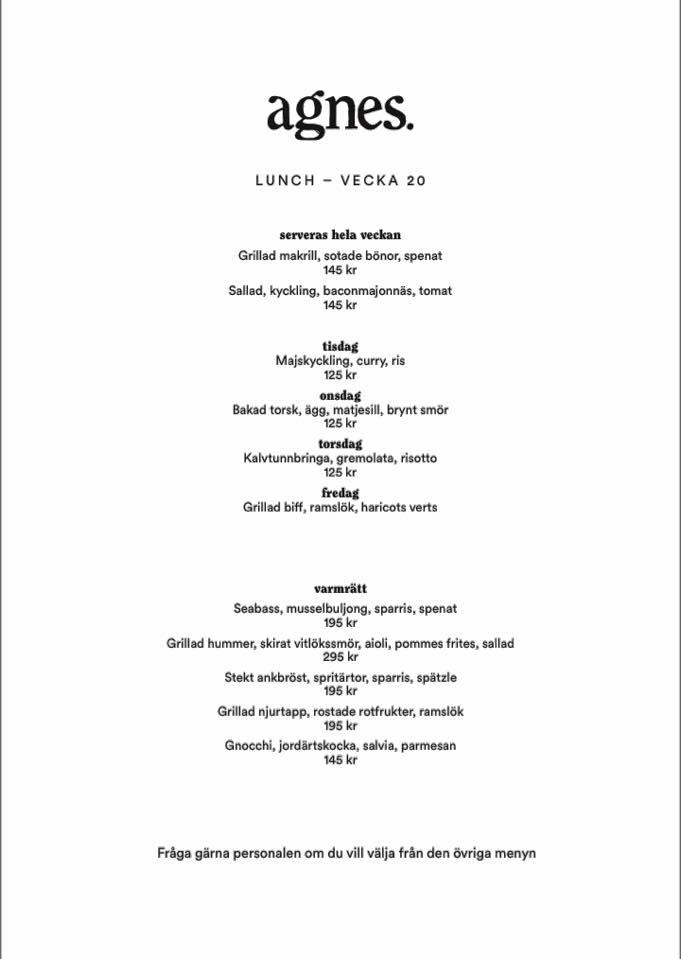 Menu at Agnes pub & bar, Stockholm