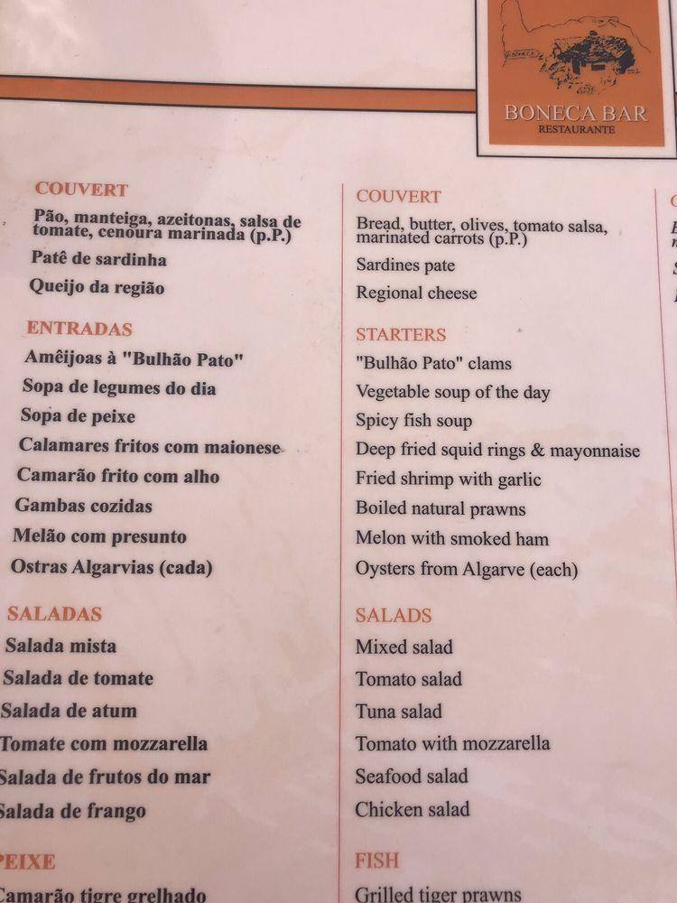 Menu at Boneca Bar, Carvoeiro, Portugal