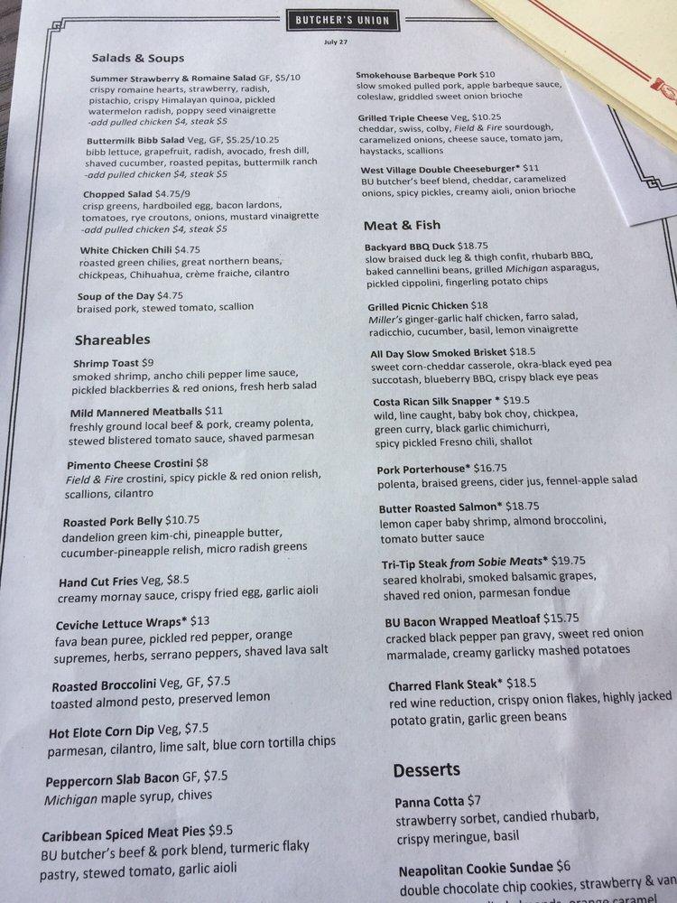 Menu at Butcher's Union pub & bar, Grand Rapids, 438 Bridge St NW