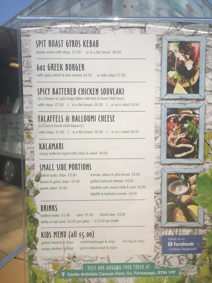 Menu at Dollakis restaurant, Enniskillen